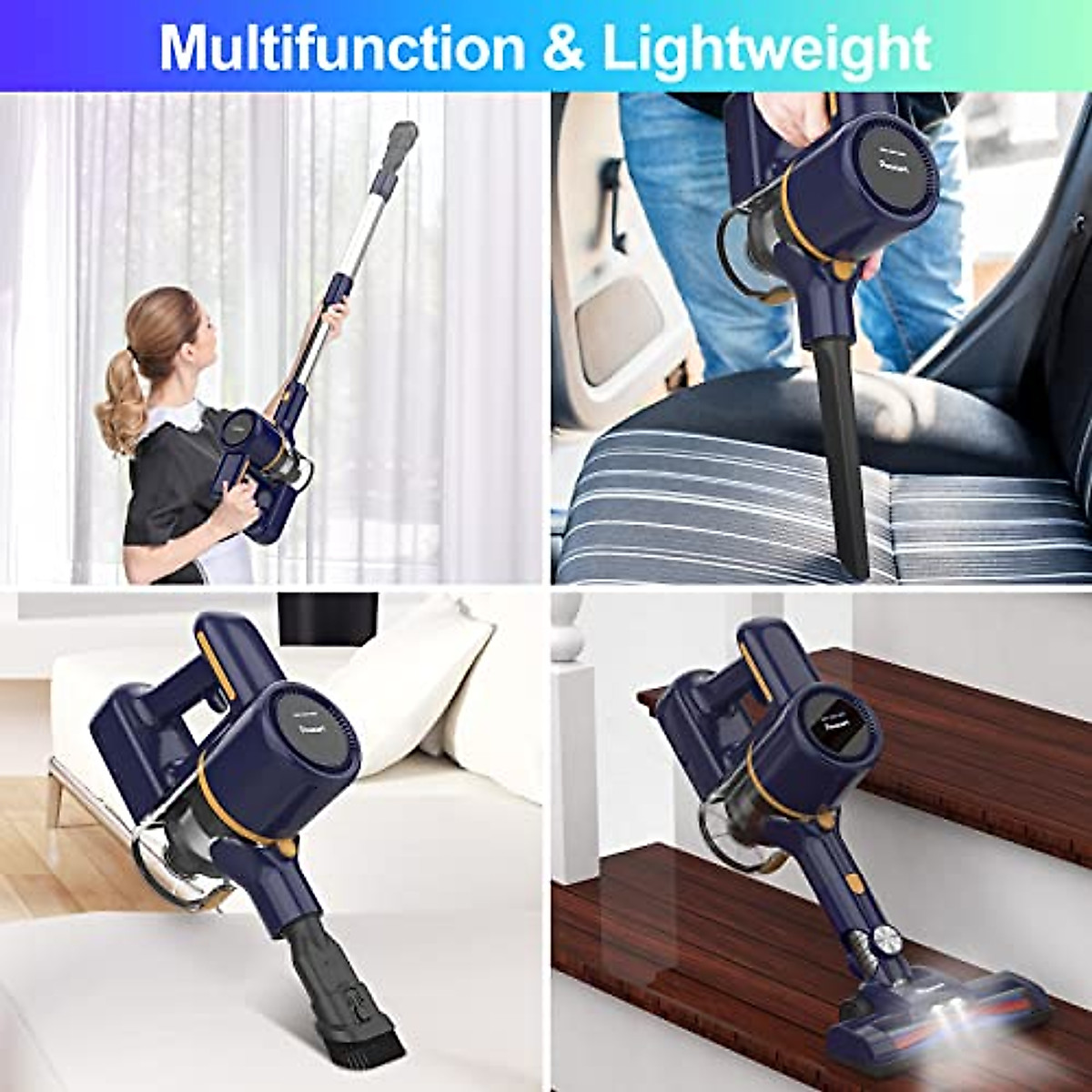 POWEART Cordless Vacuum Cleaner, 6 in 1 Multifunction Cordless Stick Vacuum, 2200mAh Vacuum Cleaner Rechargeable, Lightweight Vacuum Cleaner Hardwood Floor Pet Hair Home - Indigo