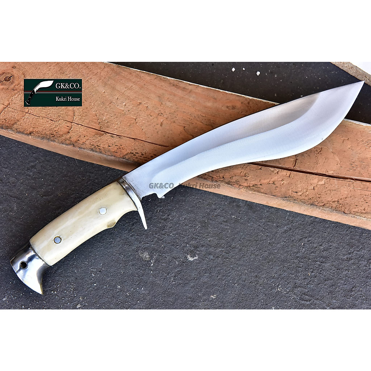 GK&CO. Kukri House Authentic Kukri/khukuri-9 Inch Bahadur Hunter Knife-Carbon Steel Made White Bone Full Tang Handle White Leather Sheath (14" Overall Length)- Handmade from Nepal
