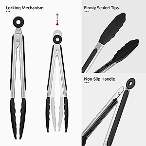 600ºF Heat Resistant Kitchen Tongs: U-Taste 9 inch Silicone Cooking Tong with Firm Sealed Non Stick Rubber Tips & Silicon Coated 18/8 Stainless Steel Handle & Smooth Locking for Serving Salad (Black)