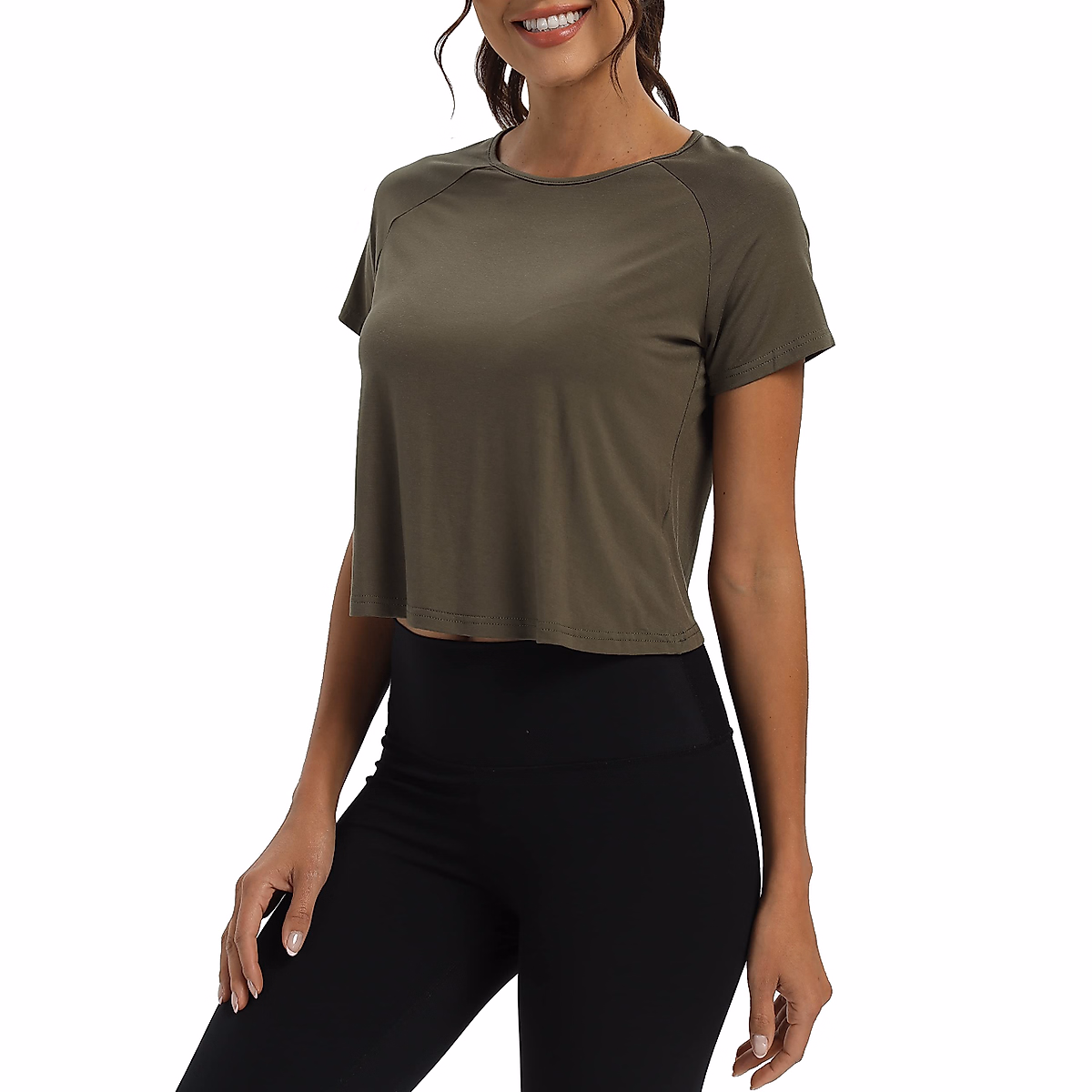 Mippo Short Sleeve Workout Tops Athletic Shirts Gym Clothes Exercise Crop Top Tshirts for Women Loose Fit Army Green S