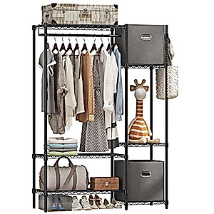 elifine Heavy Duty Clothes Rack, Metal Clothing Rack with Shelves and 2 Fabric Drawers, 6 Tiers Clothing Racks for Hanging Clothes Garment Rack Free Standing Clothes Racks (Black)