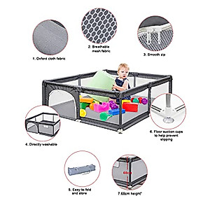 PlayPen for Babies and Toddlers-Aukivon 71"x59" Extra Large Baby Playpen with Storage Bag Baby Playard with Door, 2 Pull Rings & 50 Ocean Balls for Kids for Indoor & Outdoor, Anti-Collision, Grey