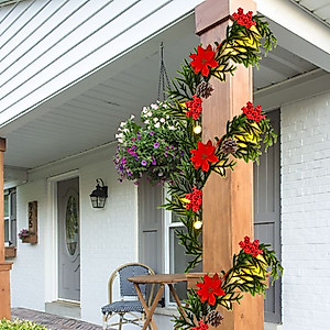 Juegoal Christmas Garland, 9 FT Pre-lit Artificial Xmas Flocked Garlands, Lighted Poinsettia Spruce Garland, Timer & Battery Operated with Lights, for Garden Home Winter New Year Decorations