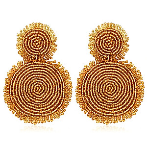 Statement Drop Earrings Double Round Disk Seed Bead Stud Earrings Bohemian Beaded Round Earring For Women (Gold)