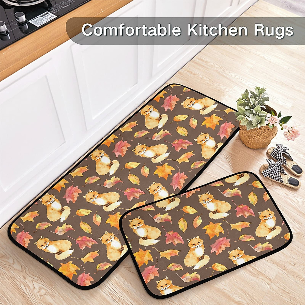 Cute Fox Fall Leaves Kitchen Mat Set of 2 Anti-Fatigue Kitchen Rug Set Non Slip Foam Cushioned Kitchen Runner Rugs and Mats Comfort Standing Mat for Floor Laundry Home Decor