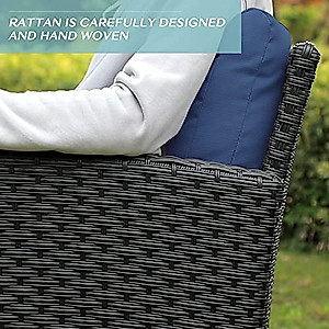 Green4ever 9 Piece Patio Furniture Set, All-Weather Outdoor Sectional Sofa Wicker Rattan Couch Patio Conversation Set with Storage Box, Coffee Table, Ottoman, and Blue Cushion