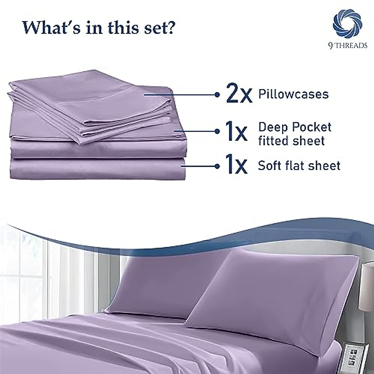 9Threads 400 Thread Count 100% Cotton Sateen Bed Sheets Deep Pocket, Cotton Bedsheets Crisp Cool and Strong Bed Linen (Light Purple, Queen (U.S. Standard))