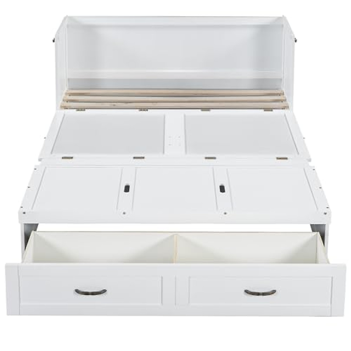 WADRI Full Size Murphy Bed with USB Port and a Large Drawer, Wood Mobile Murphy Chest Bed, Muti-Functional Cabinet Bed for Home Office or Small Room (White-Full-32)