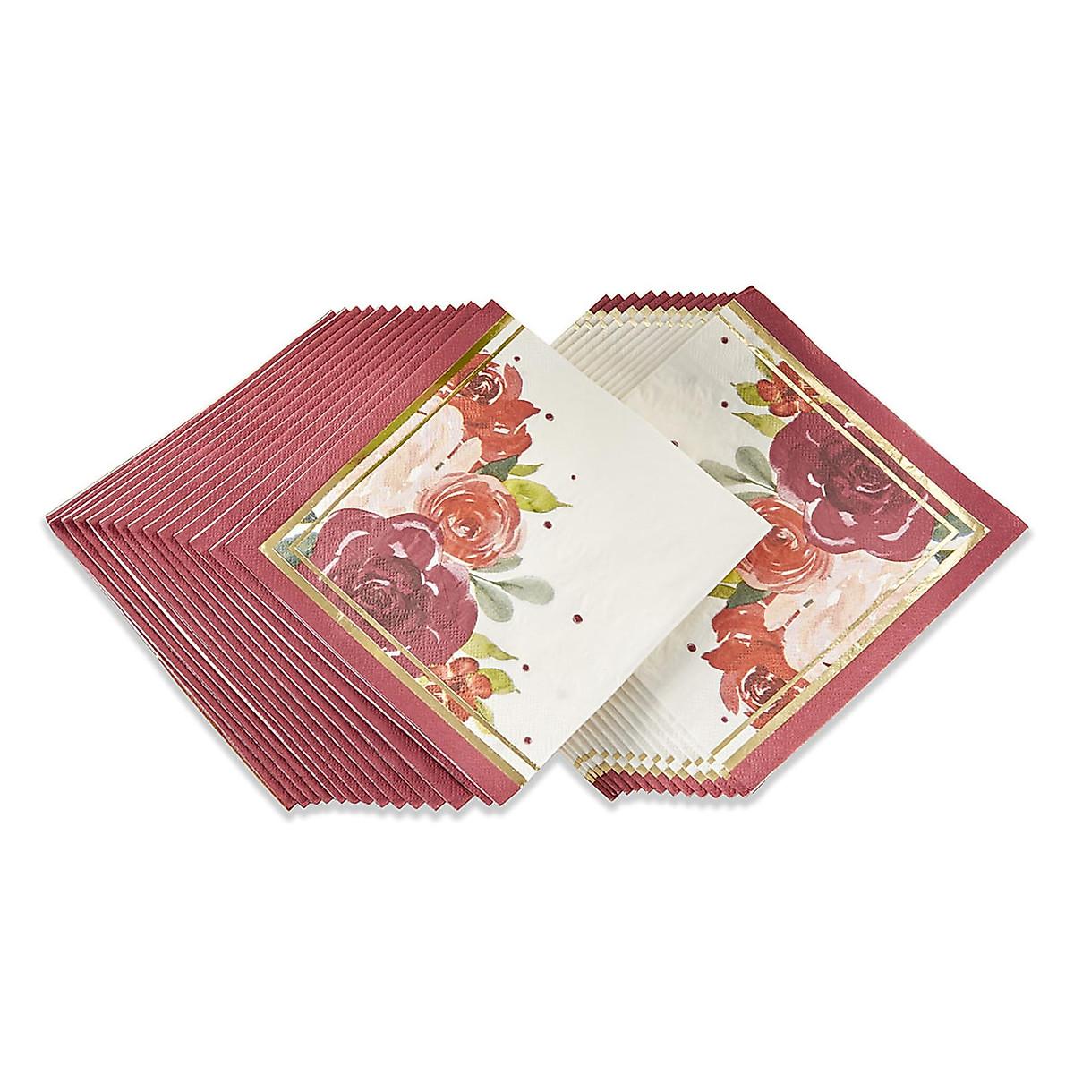 Kate Aspen Burgundy Blush Floral Paper Napkins, Thick Decorative Dinner Napkins, Luncheon Serveware, Perfect for Wedding Reception Or Bridal Shower,Gold and burgundy