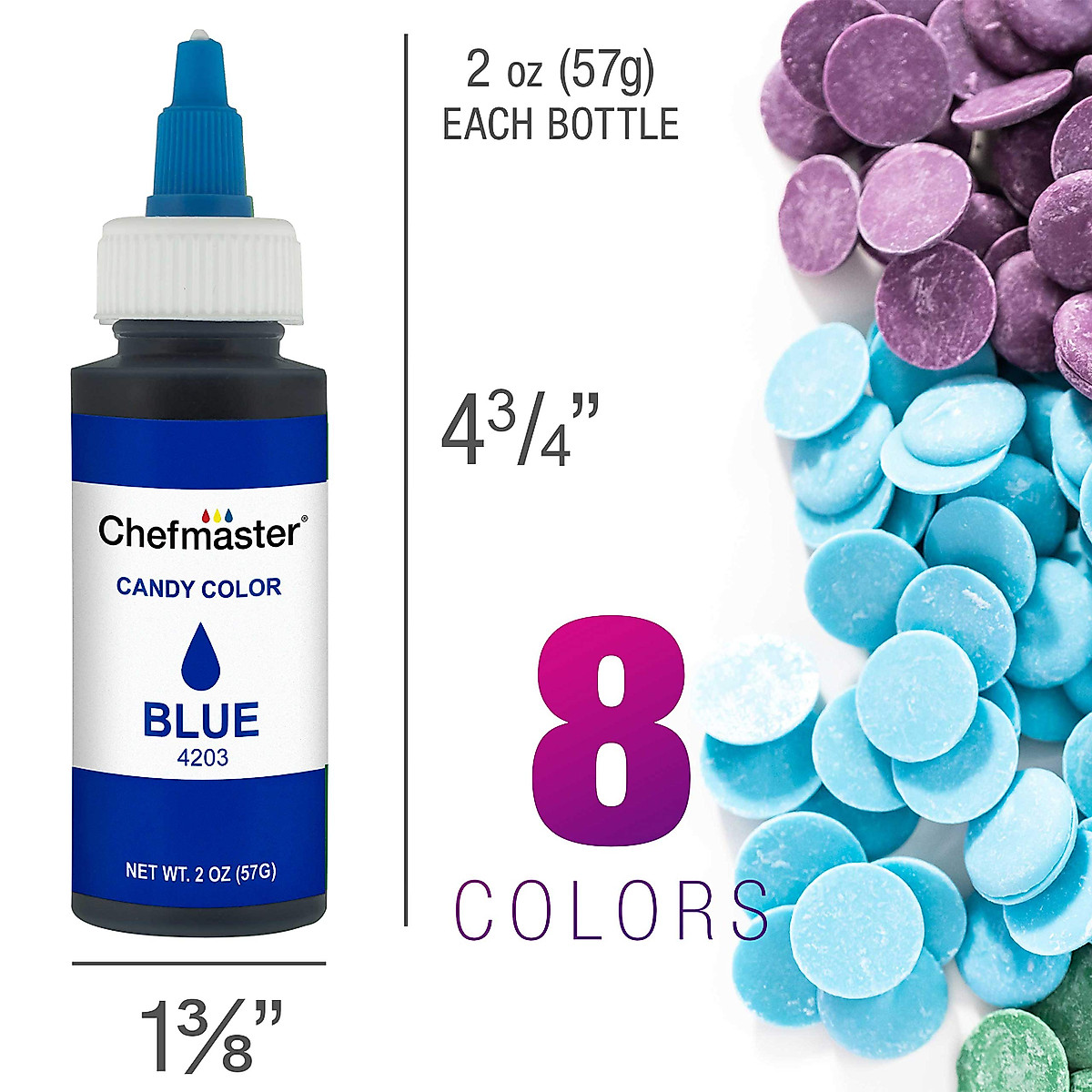 U.S. Cake Supply Large 2-ounce Bottles of each Liquid Candy Food Color 8 Bottle Kit with Mixing Wheel for Chocolate and Candy Coloring