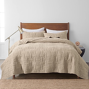 Beige Quilt King Size Bedding Sets with Pillow Shams, Cream Tan Lightweight Soft Bedspread Coverlet, Basket Weave Quilted Blanket Thin Comforter Bed Cover for All Season, 3 Pieces, 104x90 inches