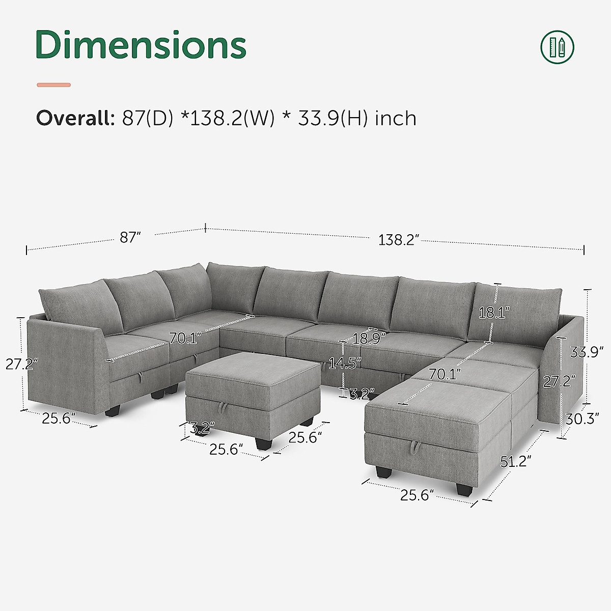 HONBAY Modular Sectional Sofa U-Shaped Sectional Couch with Storage Seats, Convertible Sectional Couch Modular Sofa, Grey