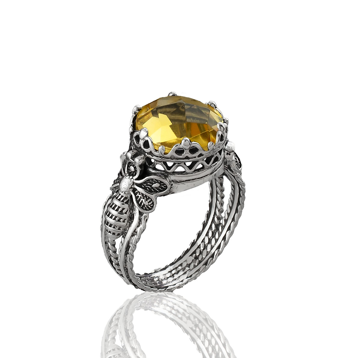 Filigranist 925 Sterling Silver Filigree Art Queen Bee Detailed Gemstone Women Cocktail Ring, Luxurious Gift Boxed (Citrine, 6)