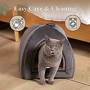 KASENTEX Cat Bed for Indoor Cats, 2-in-1 Cat House Pet Supplies for Kitten and Small Cat or Dog - Animal Cave, Cat Tent with Removable Washable Pillow Cushion (Dark Grey 15x15x15)