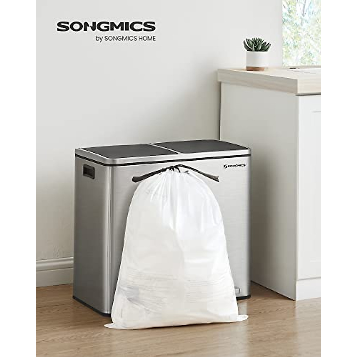 SONGMICS Small Trash Bags for 6.6 Gallon Trash Cans, Drawstring Garbage Bags, Liner Code 025A, 3 Rolls, 120 Count, White UKRB025A03