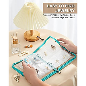 CATIFLIN Earring Organizer Travel Jewelry Case Container Transparent Jewelry Storage Book for Bracelet, Ring, Necklace, Stud, pin (96 Grids + 100 Small Thicken PVC Zipper Bags, Turquoise)