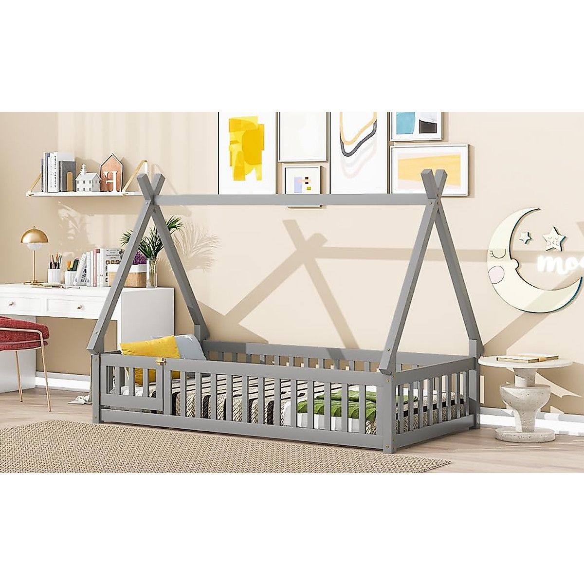 TURRIDU Twin Tent-Shaped Solid Wood Bed with Door & Guardrails,Montessori Floor Bed Frame with Wood Slat Support, Grey Teepee Bed for Toddlers Boys Girls, No Box Spring Needed