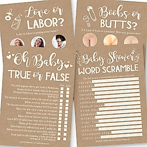 25 Rustic Love or Labor, Boobs Or Baby Butts Game, 25 True Or False, Word Scramble For Baby Shower - 4 Double Sided Cards Baby Shower Ideas, Baby Shower Party Supplies Baby Sprinkle Games