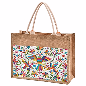 Eionryn Mexican Otomi Birds Floral Jute Tote Bag Reusable Grocery Shopping Bag Burlap Beach Bag Market Bags With Handle for Wedding Party Gift DIY 16.9 x 12.6 x 7.1 inch