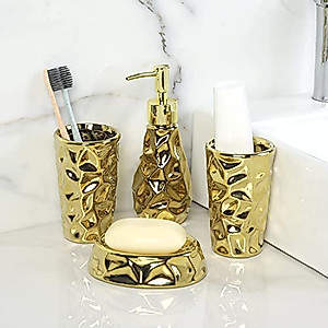 MyGift 4 Piece Luxurious Modern Gold Ceramic Bathroom Accessory Set, Gold Decor Bathroom Accessories, Toothbrush Holder Set with Soap Dish, Pump Dispenser and Tumblers