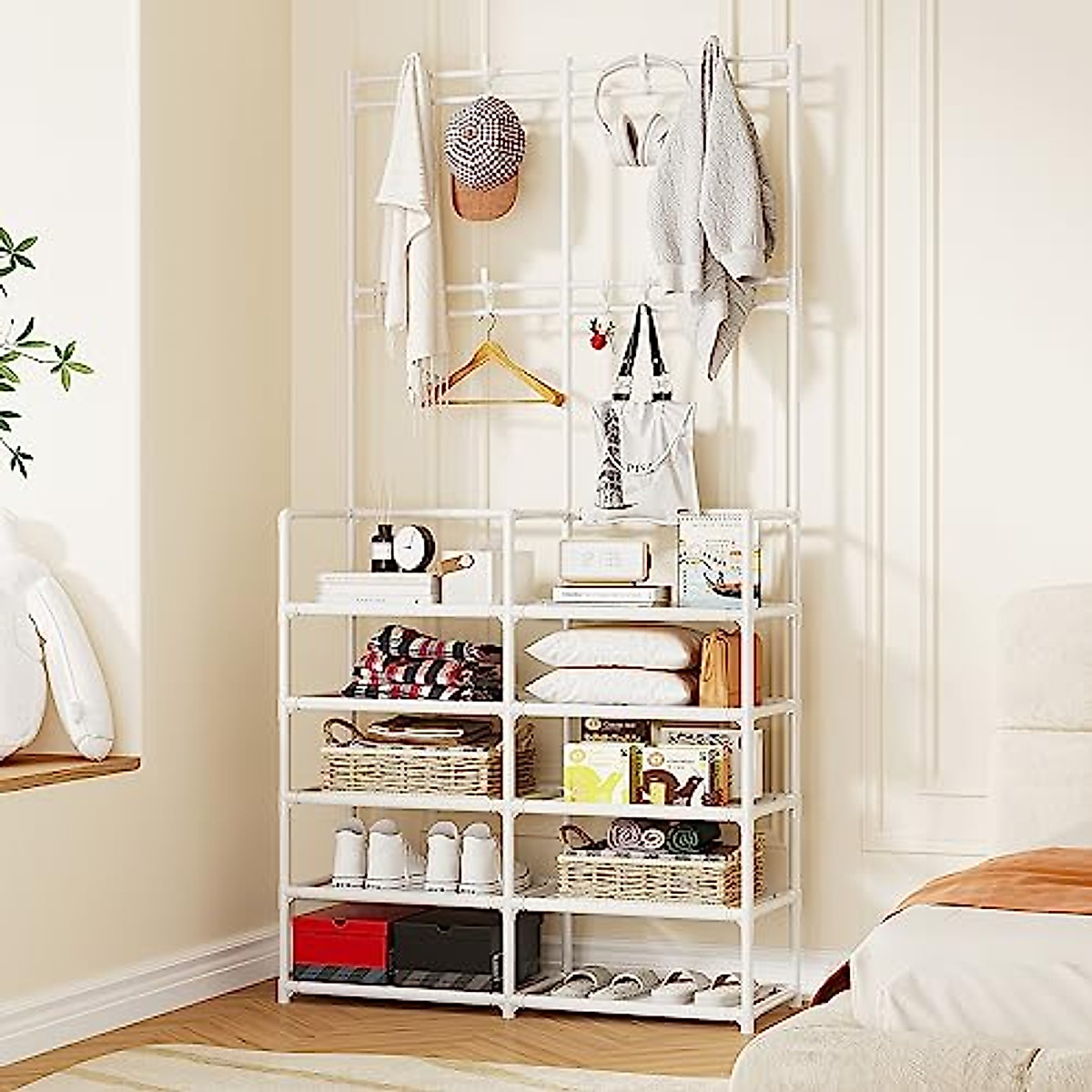 UDEAR 5-Tier Coat and Shoe Rack, Entryway Coat rack with 9 Hooks, Double Row Shoes Organizer for Living Room, Bedroom, Office,White
