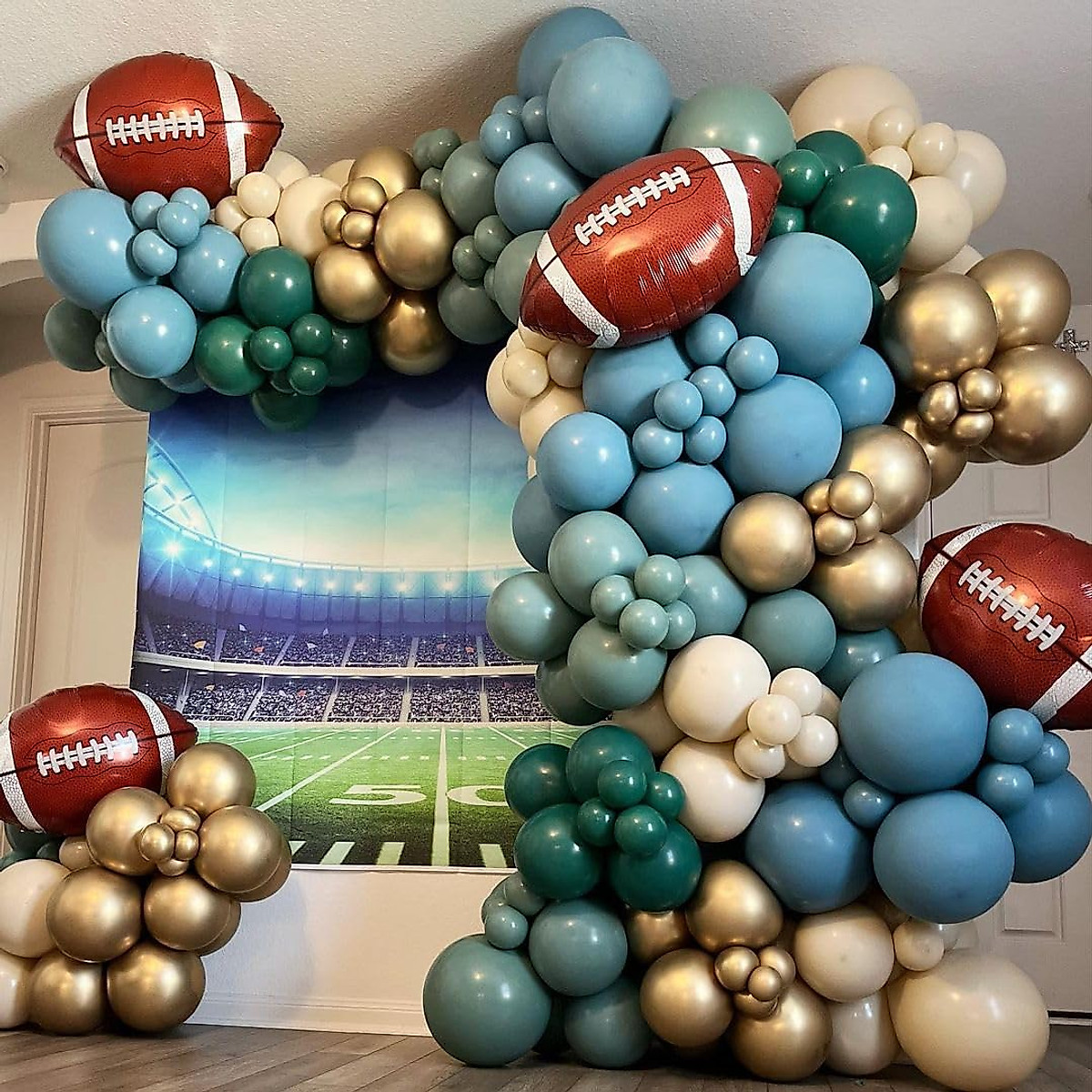 Football Balloons Arch Garland Kit 150PCS Dark Green Dusty Blue Sand White Balloons Rugby Mylar Balloons for Boho Super Bowl Eagle First Touch Down Birthday Party Baby Shower Decoration