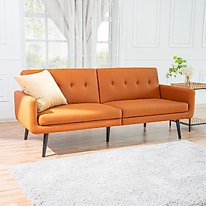 Naomi Home Monica Leather Futon Sofa, Caramel, Mid Century Modern Style, Faux Leather, Split Back, Tapered Legs, Living Room, 78.34x33.85x32.48 inches, 300 pounds Weight Recommendation
