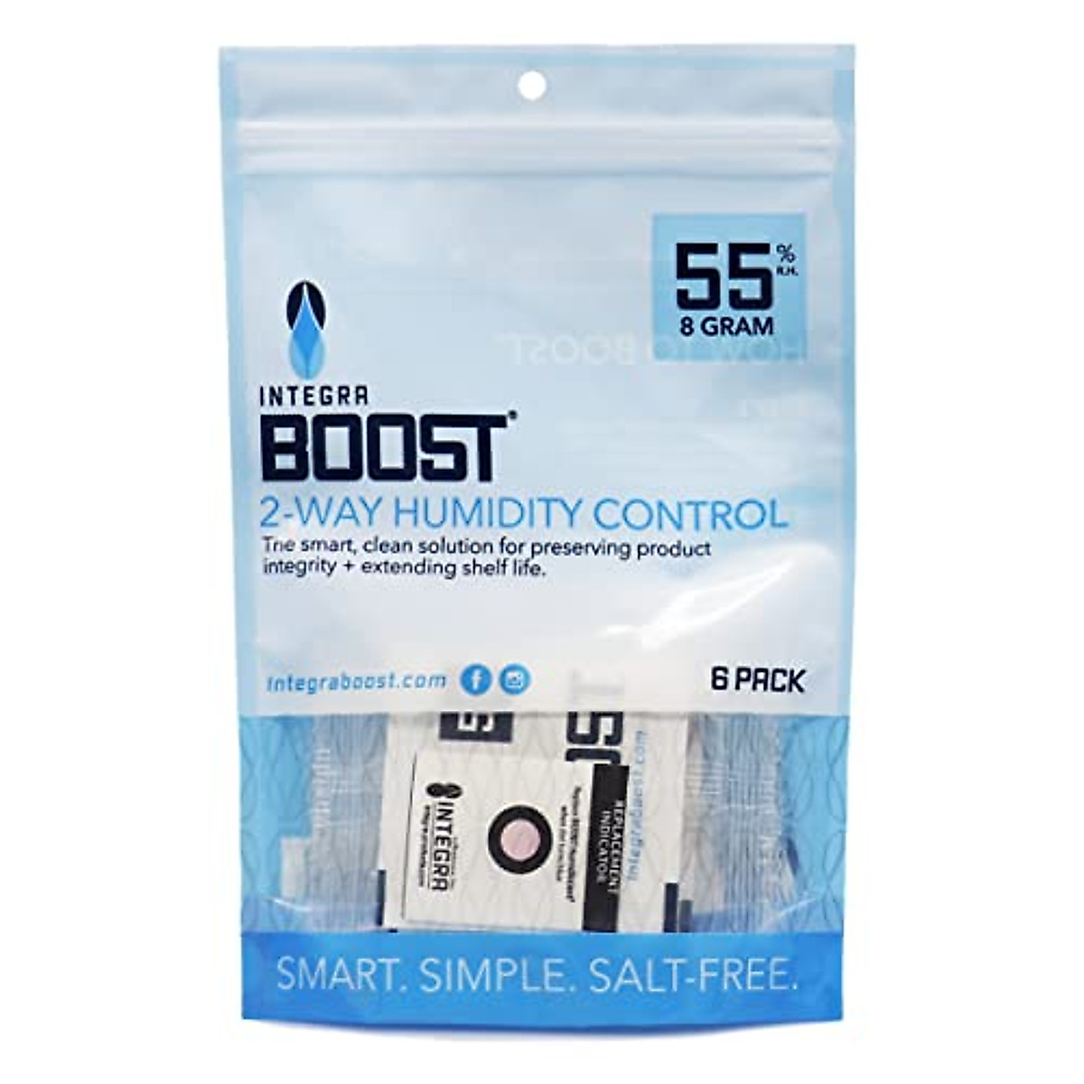 Integra Boost - 55% RH Level - 8 Gram Size - Two-Way Humidity Control Pack Incl. Replacement Indicator Cards - Food Storage & Herbs Preserver Moisture Balancer, Protects 1 OZ (Pack of 6)