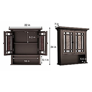 Teamson Home Windsor Over The Toilet Removable Wall Medicine Cabinet with 1 Fixed and 1 Adjustable Shelves 3 Storage Spaces 2 Glass Mosaic Doors and Rubbed Bronze-Finished Knobs, Dark Espresso