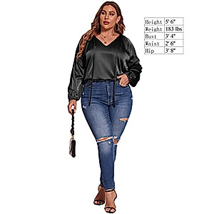 Chigant Women's Sexy Satin Shirts Silk V Neck Long Sleeve Casual Blouses Business Casual Tops Plus Size Black X-Large