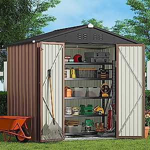 Gizoon Outdoor Storage Shed 8 x 6 FT with Metal Base Frame, Galvanized Metal Garden Shed with Double Lockable Doors, Weather-Resistant Outdoor Storage Clearance for Backyard Patio Lawn-Light Brown