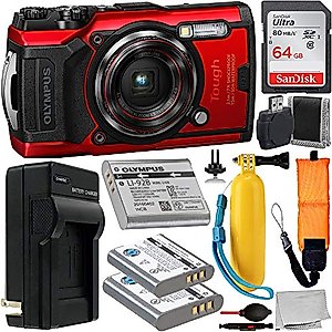 Olympus Tough TG-6 Digital Camera (Red #V104210RU000) with Essential Accessory Bundle – Includes: SanDisk Ultra 64GB SDXC Memory Card + 2X Seller Replacement Batteries with Charger + Much More