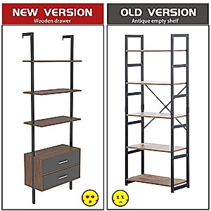 DREAMODERN Modern Bookshelf with Drawers, 4-Tier Open Bookcase Tall Wall Mount Ladder with Steel Frame -Brown