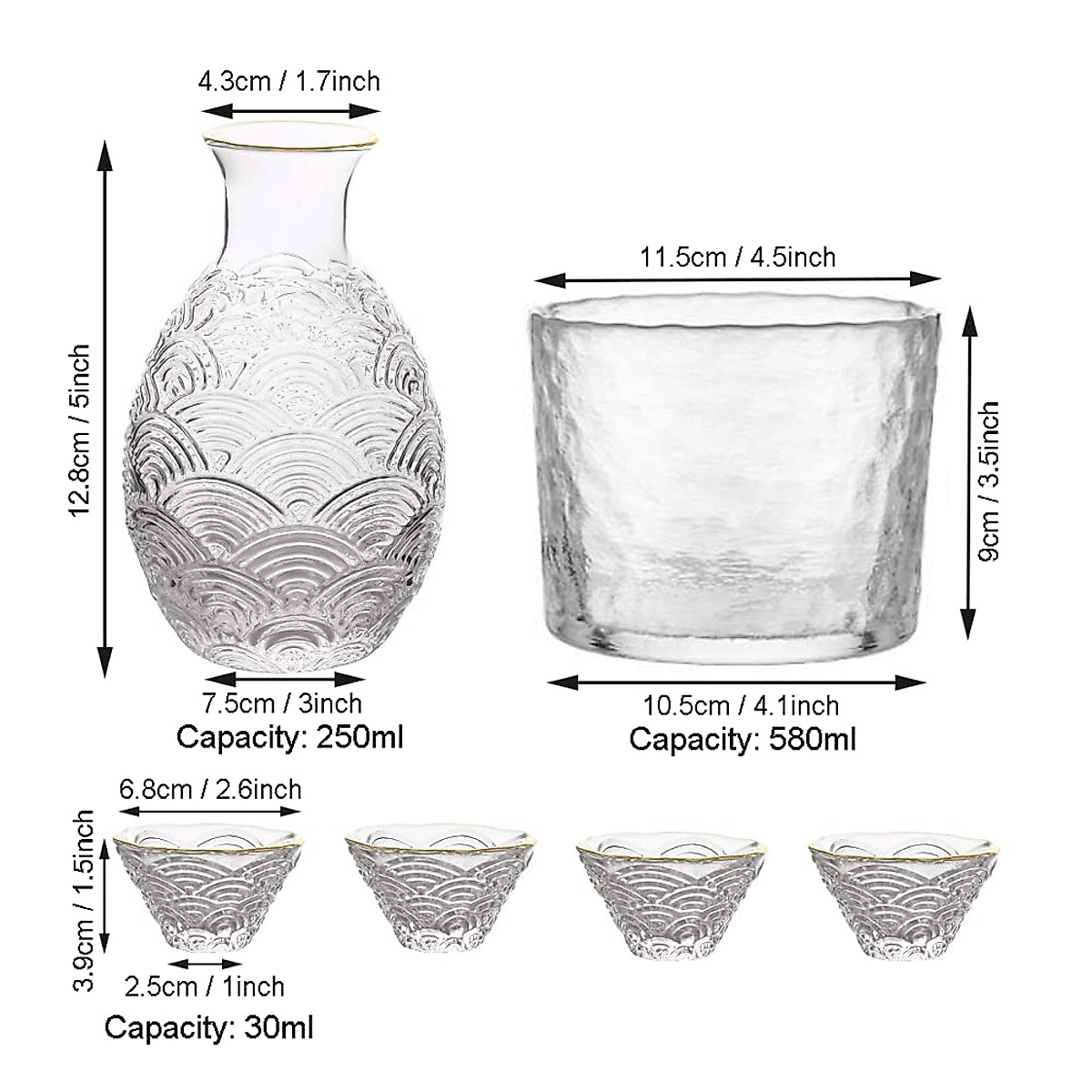 WINIAER Glass Sake Set, Clear Glass Sake Bottle Set Including 1 Warming Mug, 1 Sake Pot, 4 Sake Cups, Sake Set Hot Sake or Iced Sake for Sake Lovers