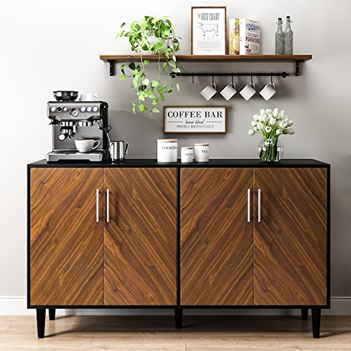 4 EVER WINNER Sideboards and Buffets with Storage, Buffet Cabinet with Storage, 4 Door Credenzas for Living Room Mid Century Modern Sideboard, 58 Inch Coffee Bar Cabinet for Dining Room Kitchen, Black
