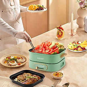 Austric 2 In 1 Electric Shabu Shabu Pot 3.5L with Removable Grill Pan, Non-Srick Electric Hot Pot with Slide Power Control, Multi Cooker with Tempered Glass Lid for Frying,Grilling,BBQ | (Green)