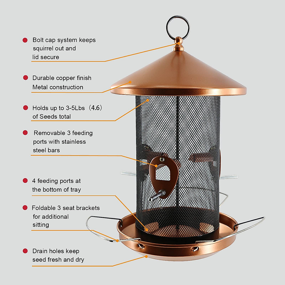 Qeeman Large Bird Feeder Outdoor 12.6 inches Mesh Screen with Copper-Look,Wild Bird Feeder Comes with Hook to Hang on Trees