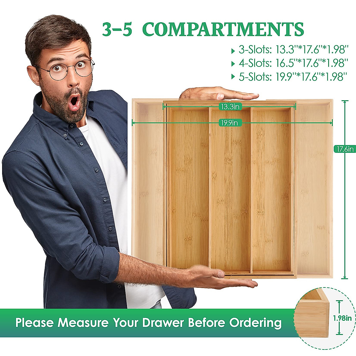 OMISSA Bamboo Expandable Drawer Organizer for Utensils Holder, Adjustable Cutlery Tray, Wood Drawer Dividers Organizer for Silverware, Flatware, Knives in Kitchen, Bedroom, Living Room
