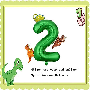 Dinosaur themed birthday party decorations, realistic Tyrannosaurus Rex, Brachiosaurus, Triceratops, dinosaur digital 2 balloons, and 20pcs dinosaur latex balloons, dinosaur themed arch pull banners