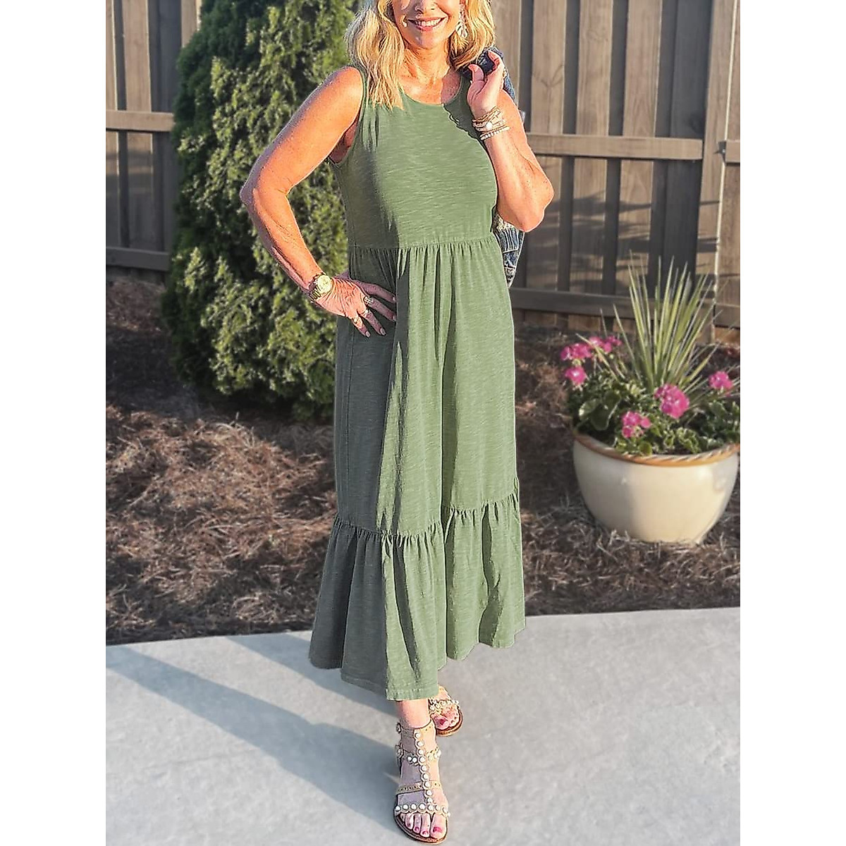 ANRABESS Women Summer Casual Sleeveless Crewneck Sundress Aline Flowy Tiered Maxi Long Beach Dress Vacation Outfits Large Green