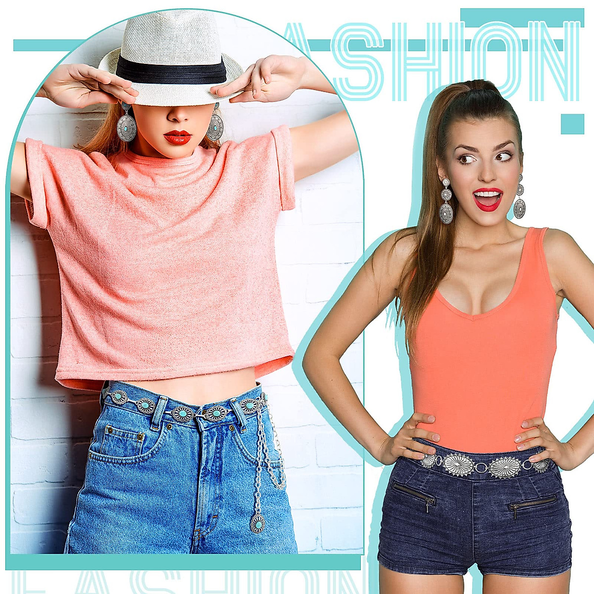 Newtay 4 Pcs Western Belts for Women Cowgirl Concho Belts Earrings Set Including 2 Metal Turquoise Belts 2 Pairs Dangle Earrings(Silver, Green)