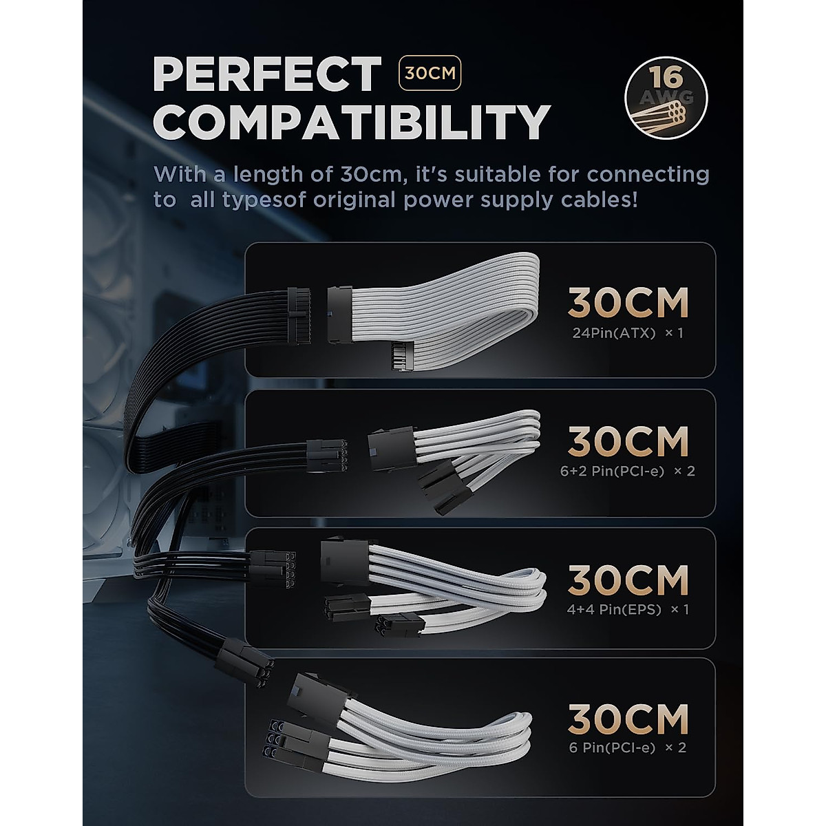 ASIAHORSE 16AWG PSU Cable Extension Power Cords, Customized Power Supply Mod Sleeve Extension Cable, ATX/EPS/8-pin PCI-E/6-pin PCI-E for ATX Power Supply (White)