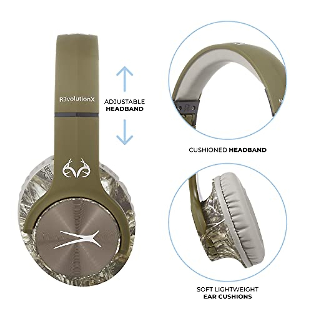 Altec Lansing R3volution X Realtree Wireless Bluetooth Headphones with 10 Hours of Battery Life, Deep Bass, Cooling Earcups, 30 Foot Wireless Range, Auxiliary Cable, Foldable (Real Tree Camo)