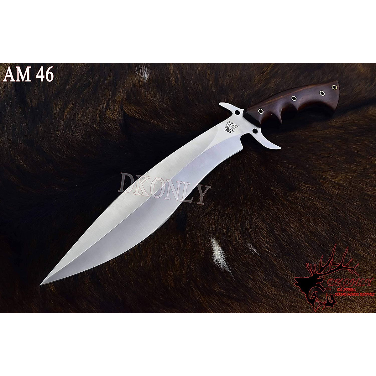 DKONLY-BLADES USA: Custom Handmade D2 Steel Full Tang Hunting Barong Camp Knife with Rose Wood Handle & Leather Sheath (AM46), Brown, Full Size 17.5'' Handle Size 5.5'' Blade Size 12''