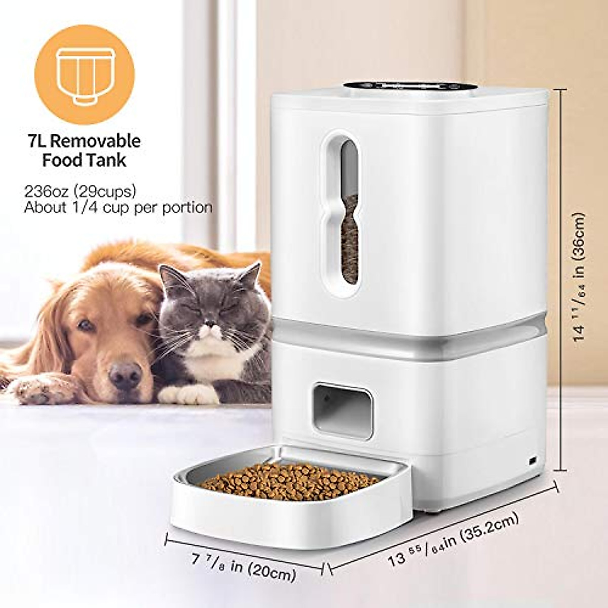 Automatic Cat Feeder, Automatic Pet Feeder Dry Food 7L, Portion Control 1-4 Meals per Day & 10s Voice Recorder for Small and Medium Pets