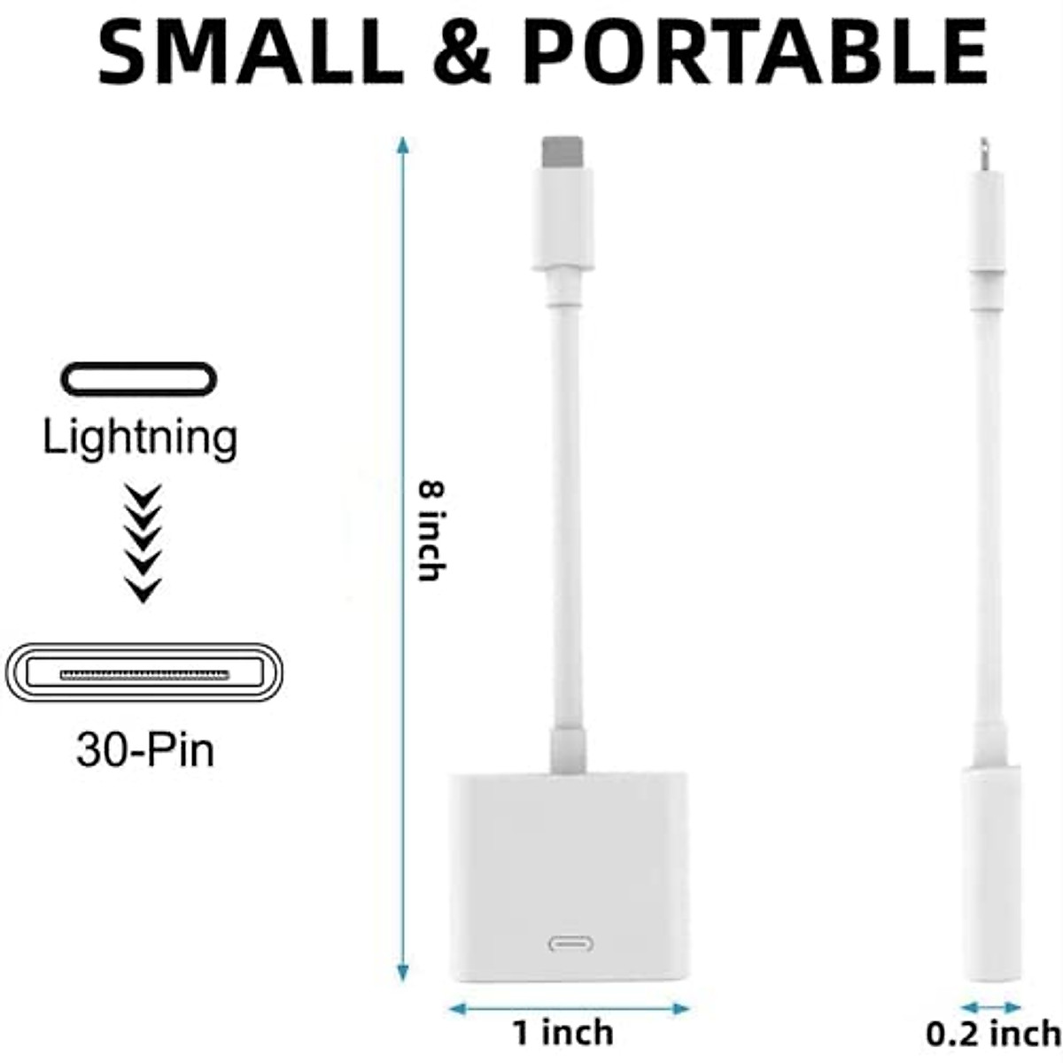 Lightning to 30-Pin Adapter, iPhone 8 Pin Male to 30 Pin Charger ipad Connector Adapter Data Sync Cable Connector Compatible iPhone 14/13/12/11/X/8/iPad/Bluetooth (White)