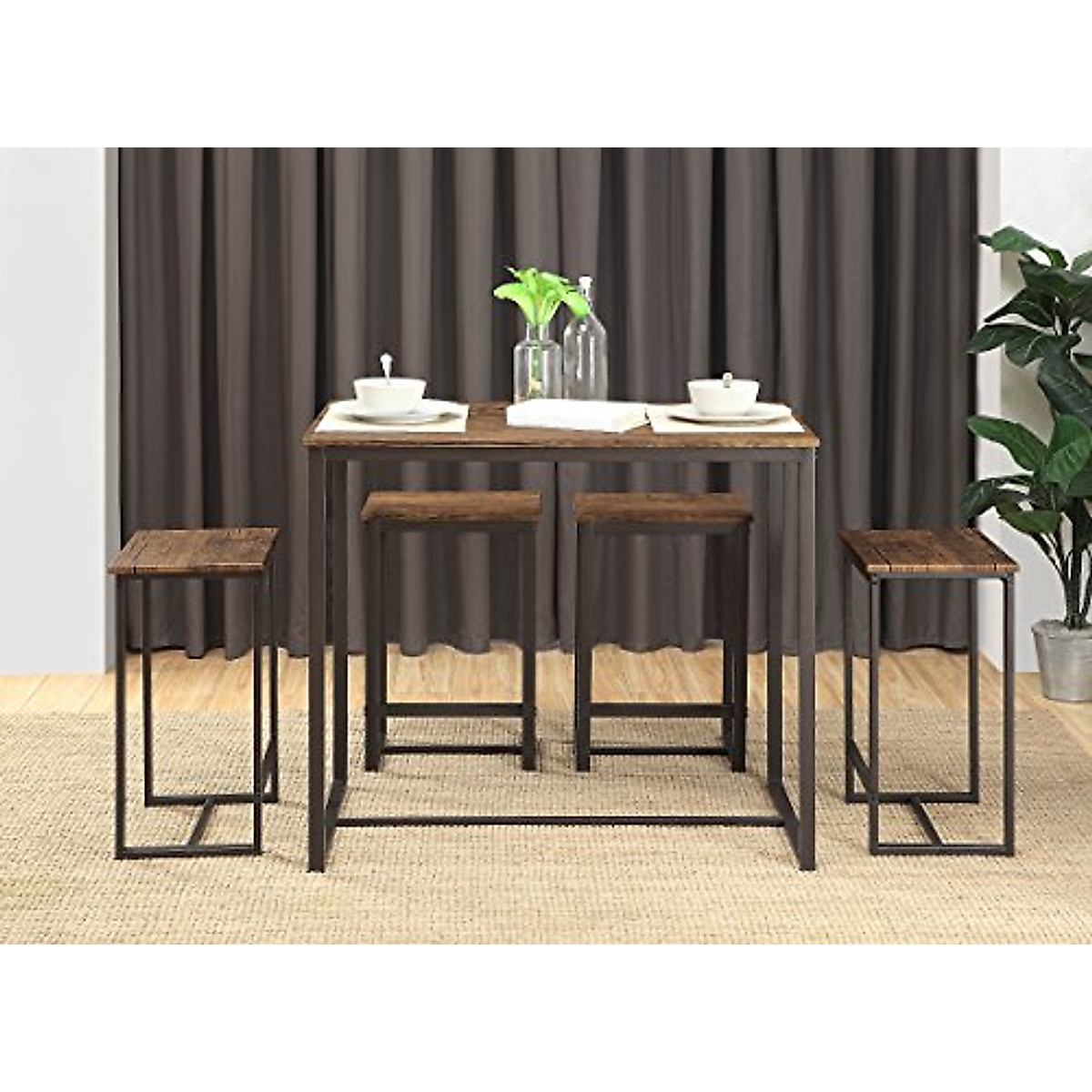 Abington Lane 5-Piece Kitchen/Dining Table Set w/Four (4) Stools - Versatile, Tall, Modern Table Set for The Contemporary Home - (Walnut Finish)