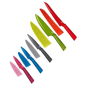 KUHN RIKON COLORI+ Mixed Knife Set with Non-Stick Coating and Safety Sheaths, Set of 5, Fuchsia, Blue, Graphite Grey, Green and Red