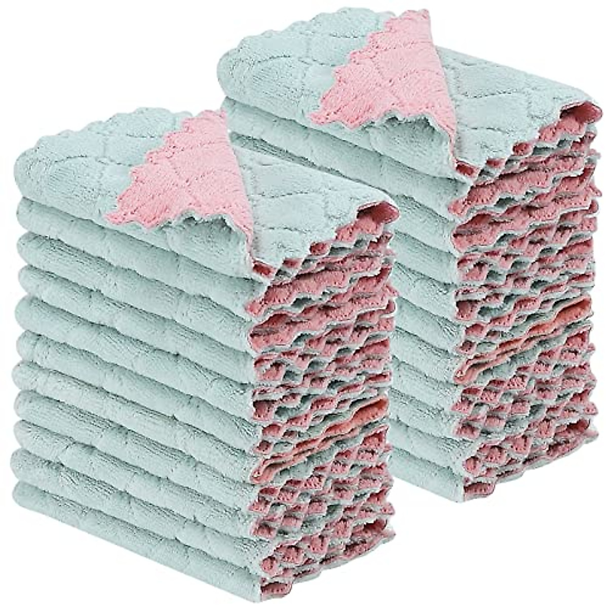 22 Pack Kitchen Dish Cloths, Reusable Dish Towels, Nonstick Oil Washable Fast Drying, Super Absorbent Coral Velvet Cleaning Cloths for Cleaning Tableware, Kitchen, Bathroom (Pink-green-10 x 6")