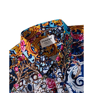fohemr Mens Luxury Dress Shirts Baroque Gold Chain Print Casual Long Sleeve Button Down Shirt Blue Large
